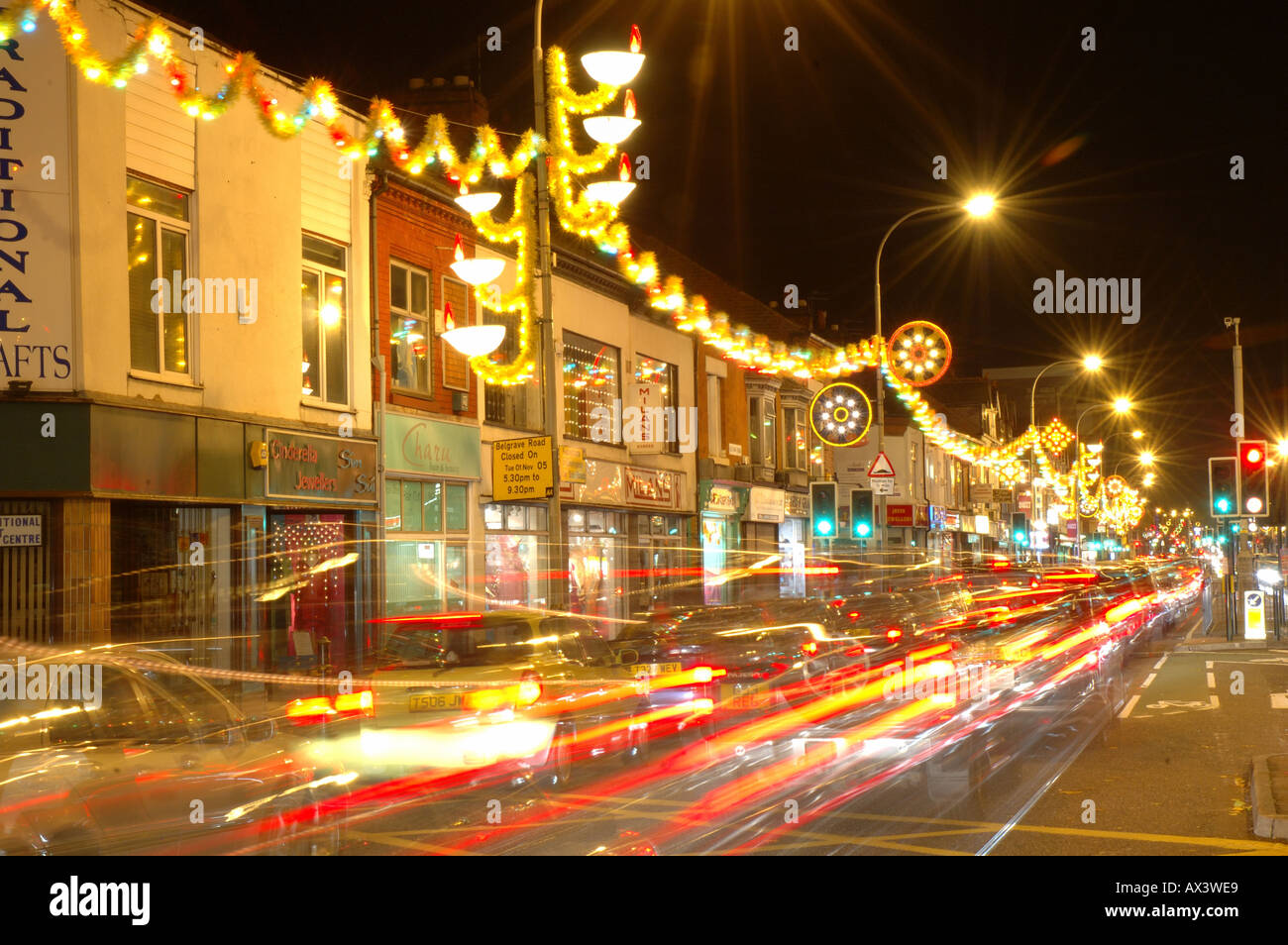 traffic trails and diwali lights along Belgrave Road, Leicester ...