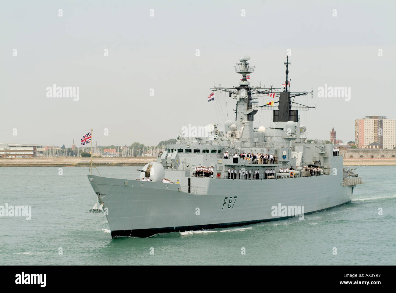 Type 22 Frigate HMS Chatham F87 sails from Portsmouth harbour, England ...