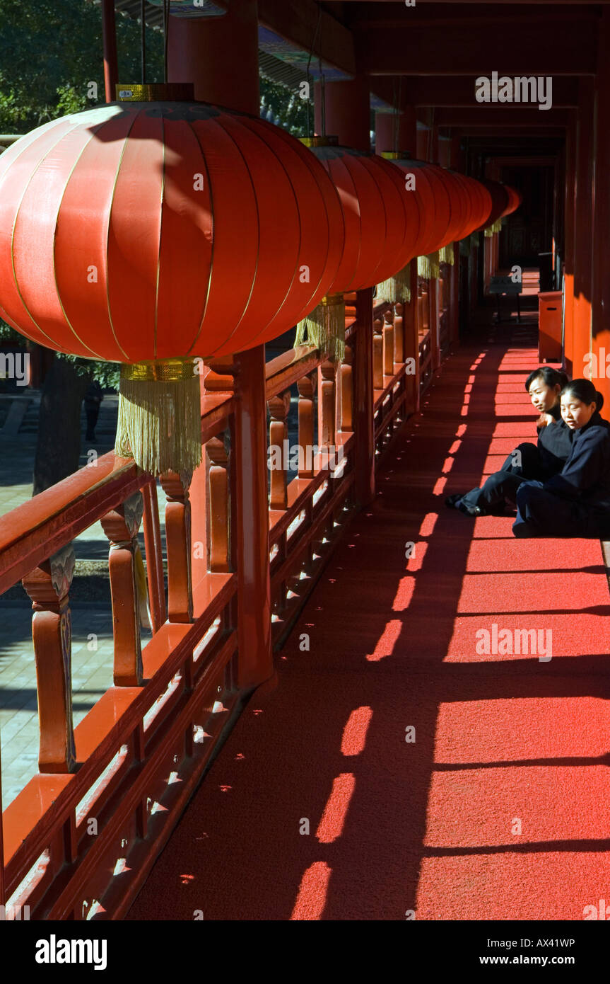 China, Beijing, Donyue temple. Lanterns decorating a temple hallway ...