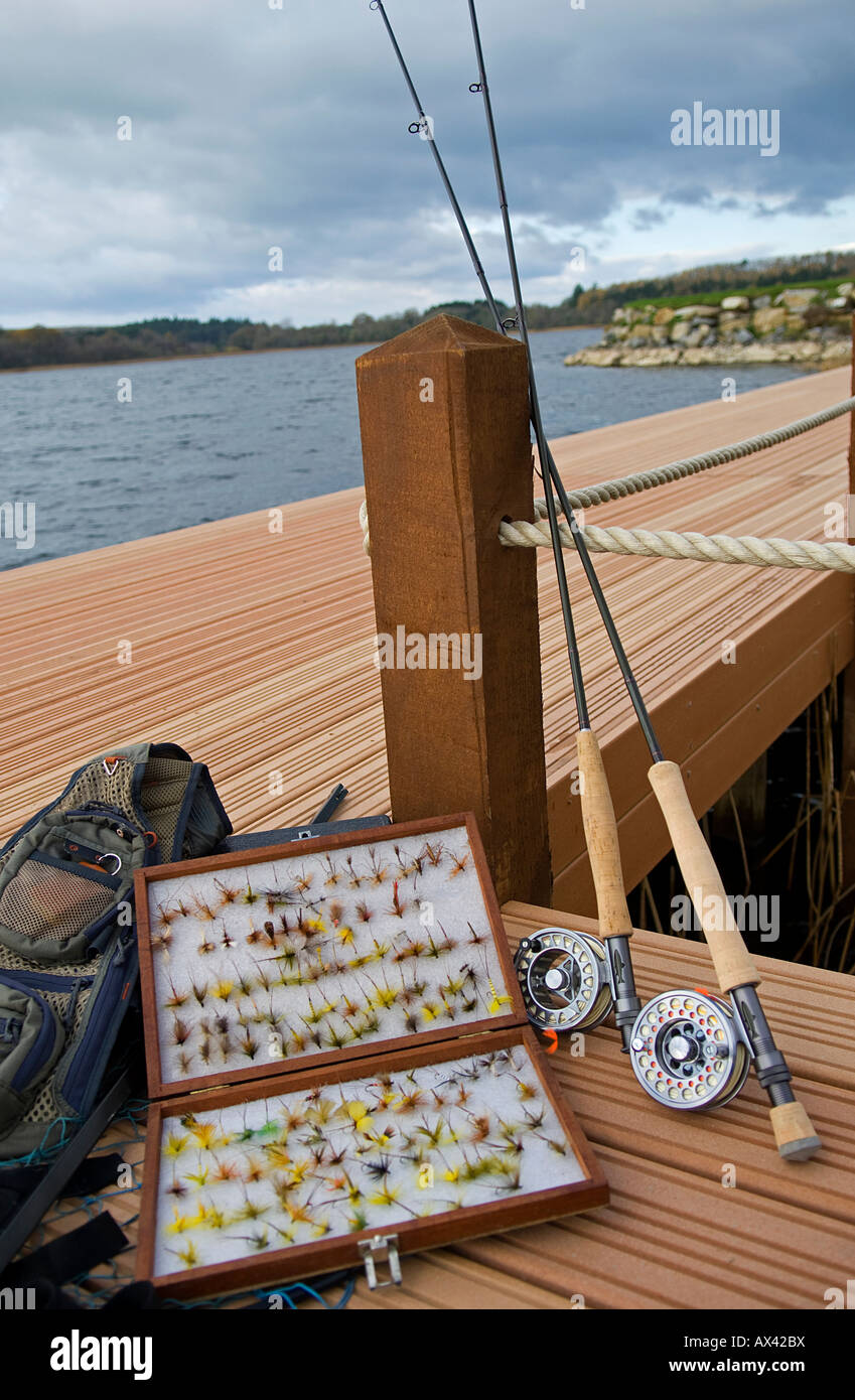 UK, Northern Ireland, Fermanagh. Fishing rods, flyboxes and net ready ...