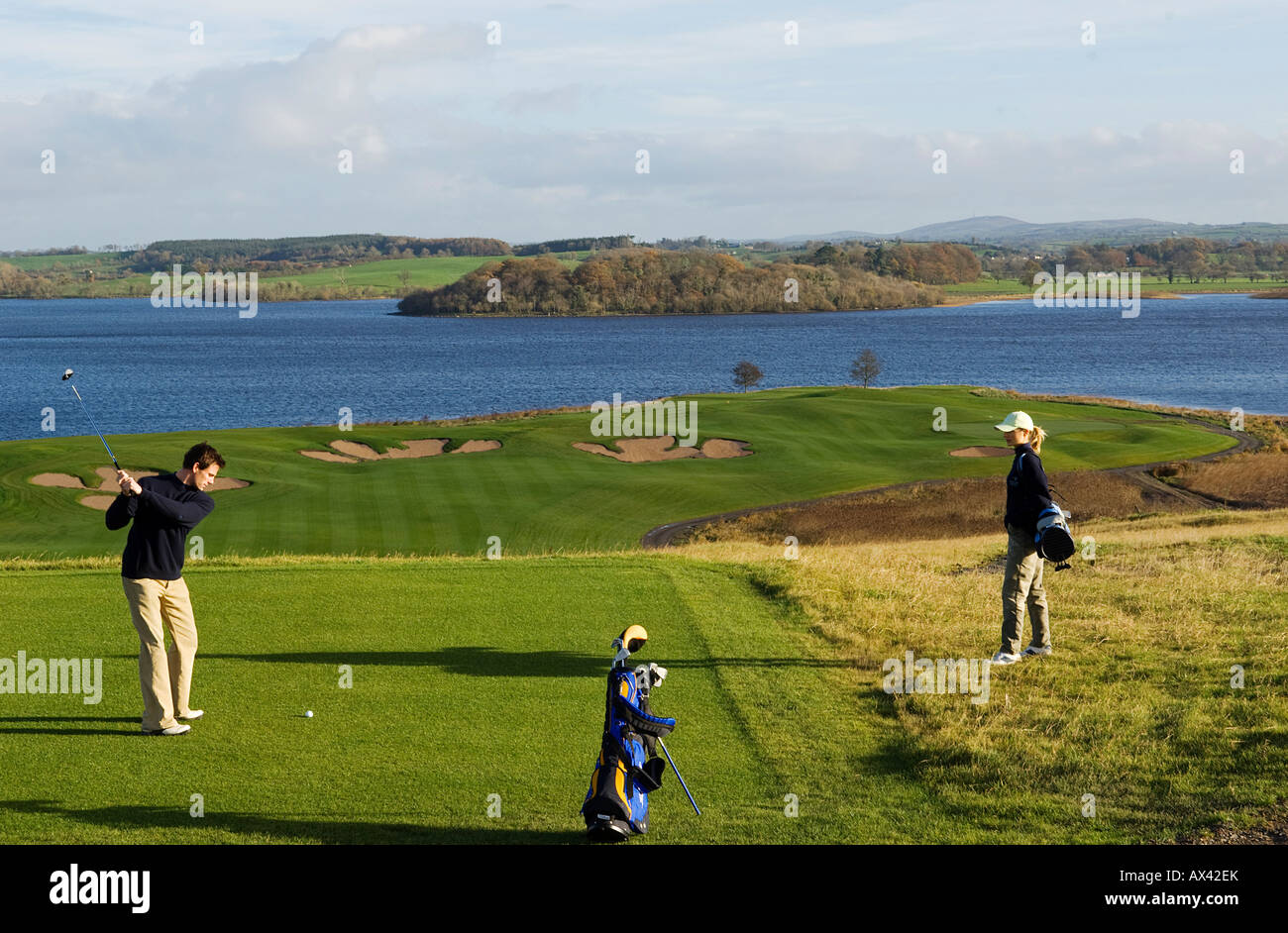 UK, Northern Ireland, Fermanagh. Playing golf on the new course ...