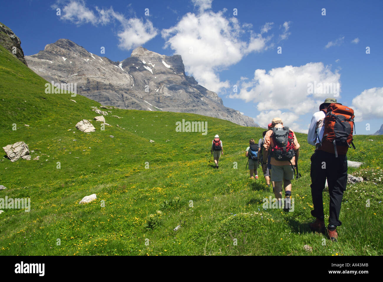 Hikers in alpine landscape, Switzerland Stock Photo - Alamy