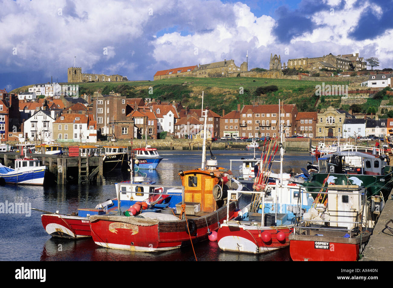 Whitby Harbour boats town Yorkshire England coast coastal red fishing ...