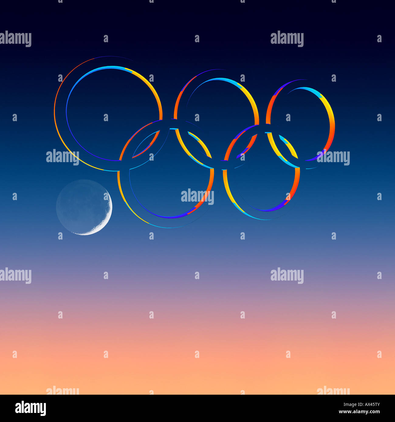 Eclectic interpretation of the olympic rings against a dusk like sky ...