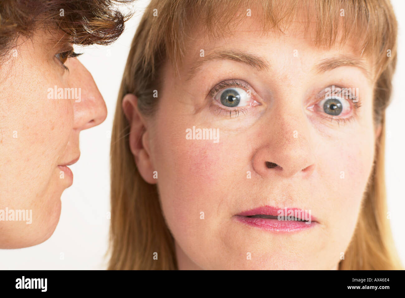 two women whisper a secret in close up of ear and mouth Stock Photo - Alamy