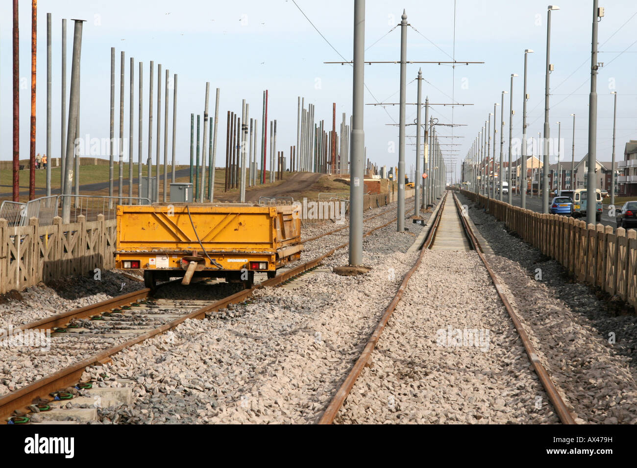 Ballast wagon on blackpool tram line during track replacement work at ...