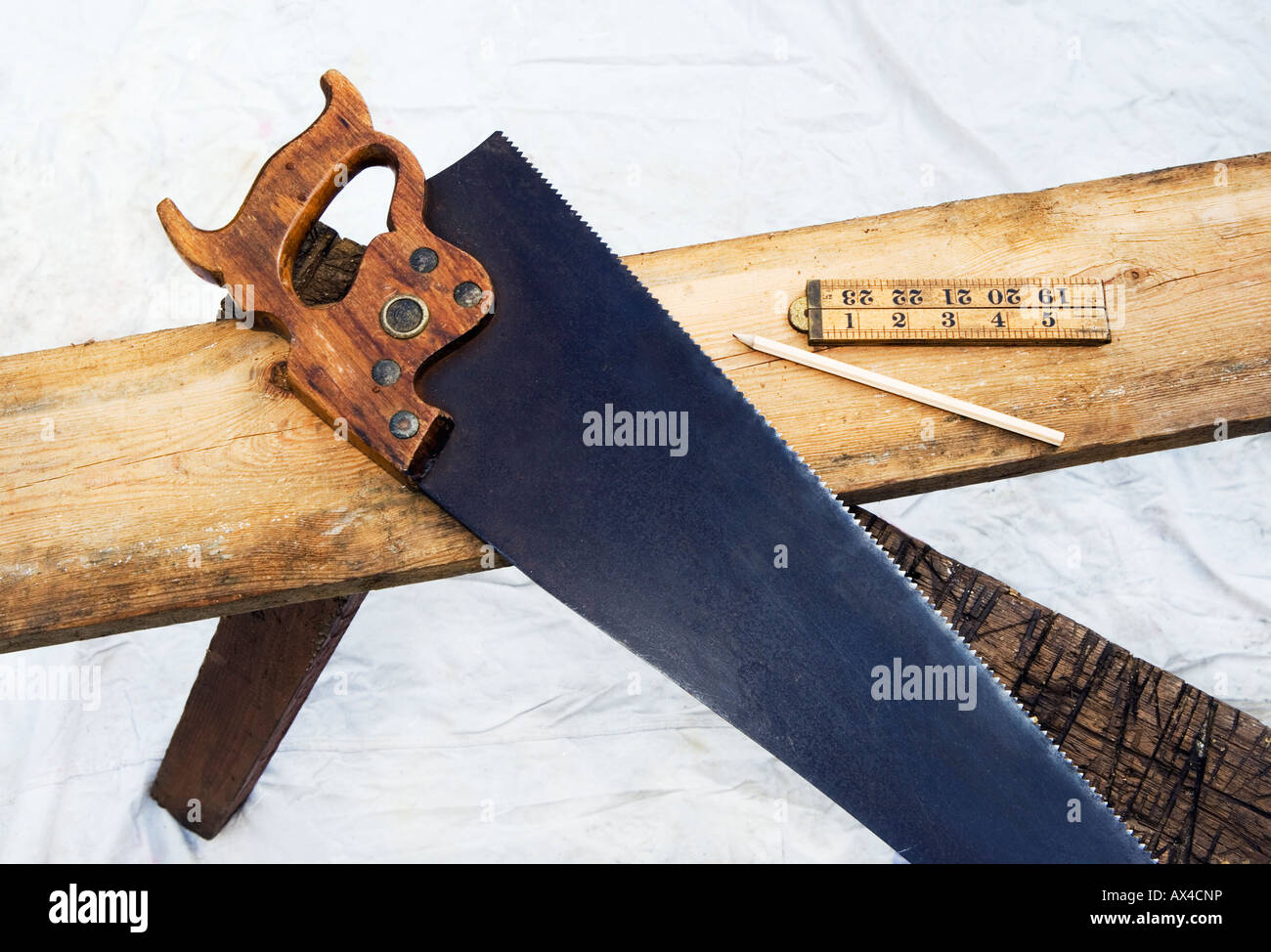 Saw on a work bench Stock Photo - Alamy