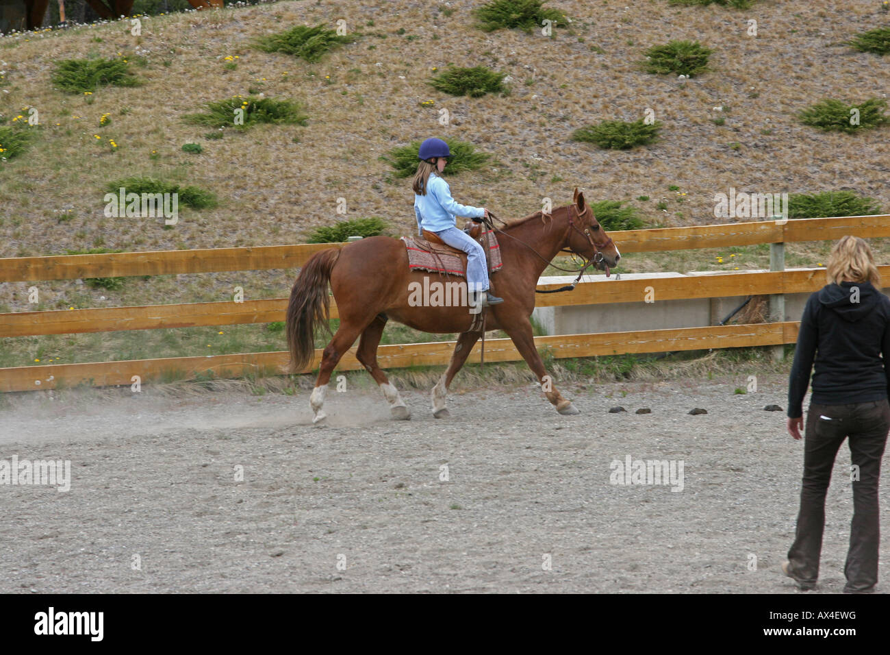 Young girl having a riding lesson Stock Photo - Alamy