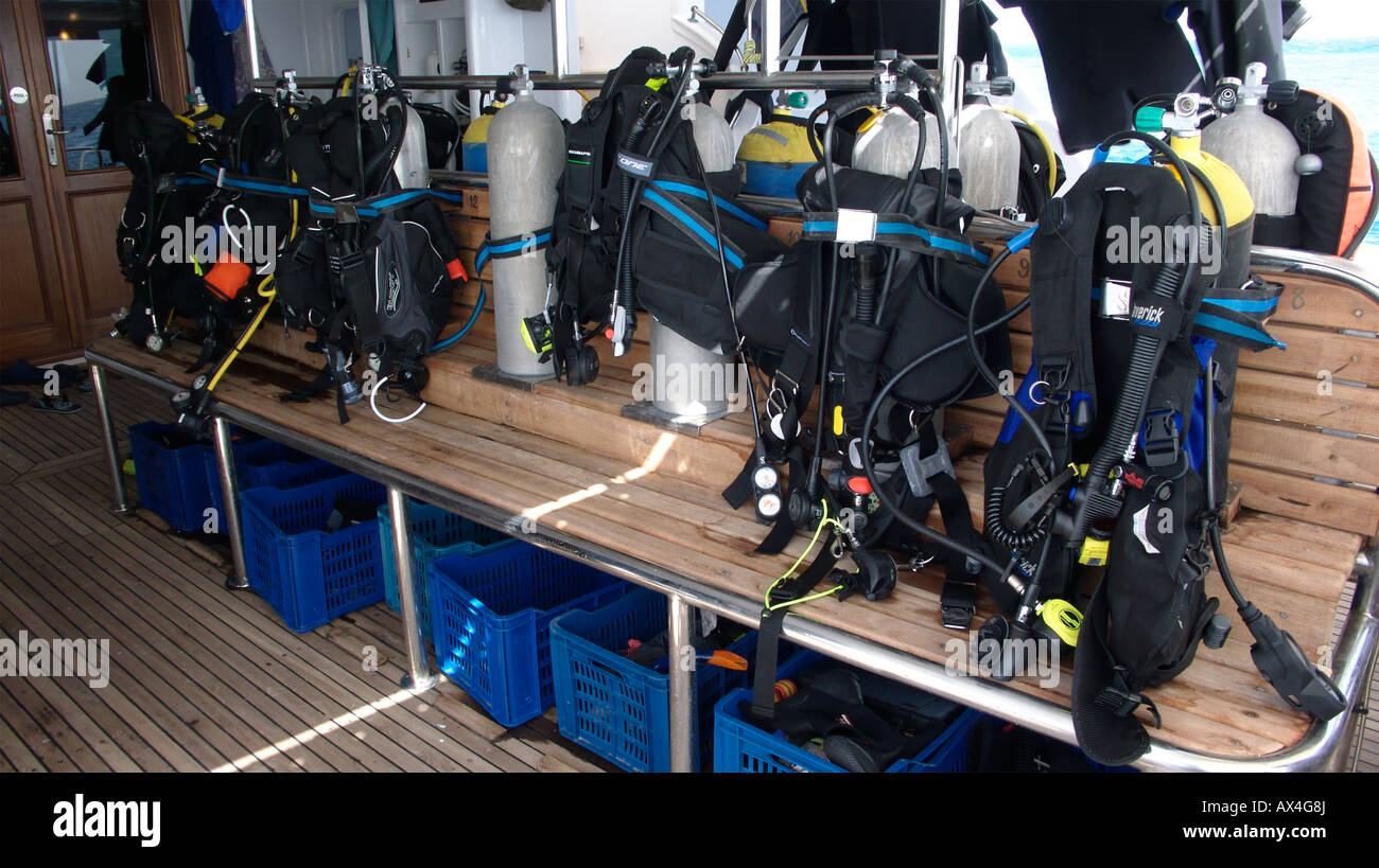 diving equipment on boat ready for a dive Hurghada Egypt Stock Photo ...