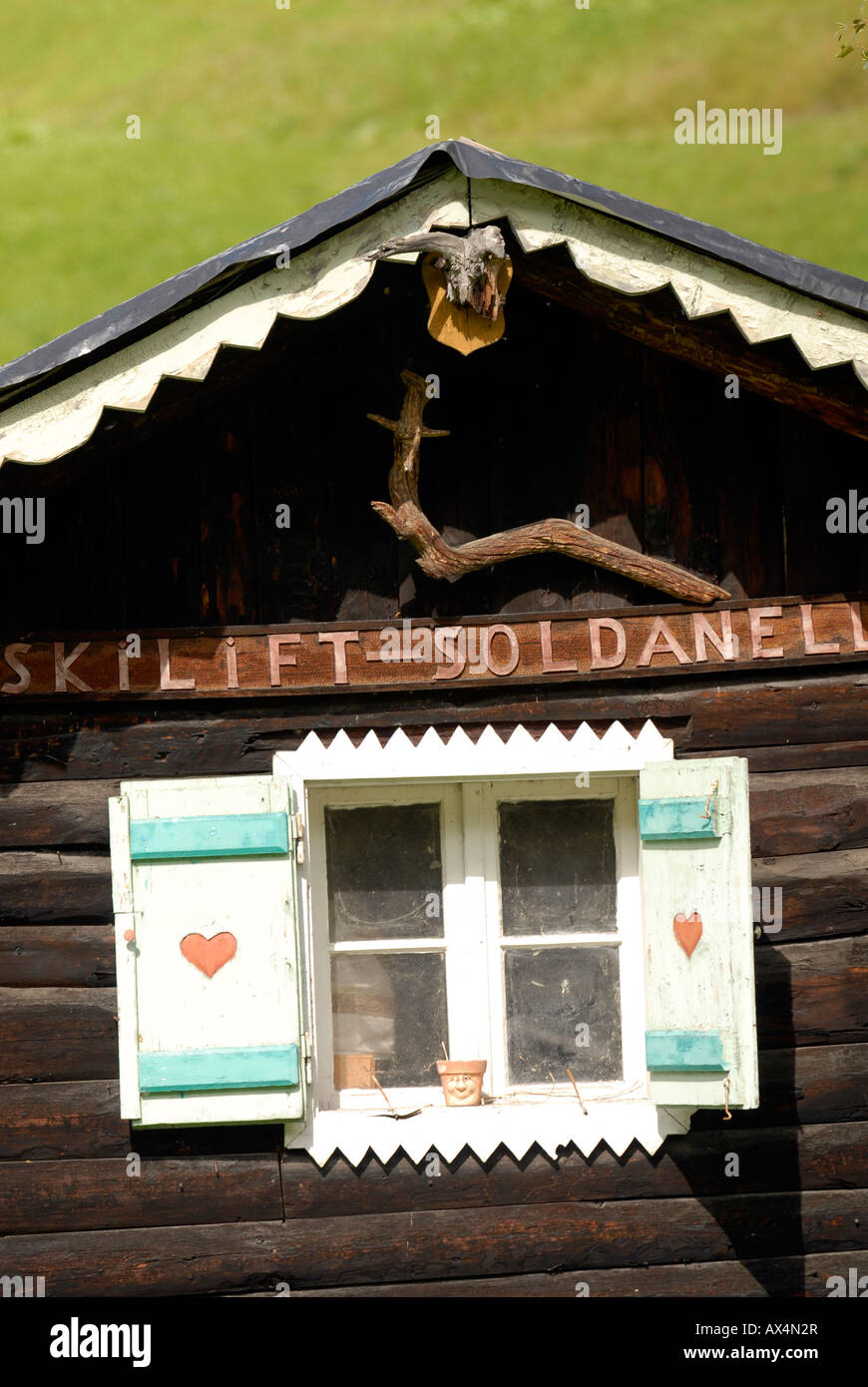 window feature on mountain chalet in the sudtirol, italy Stock Photo ...