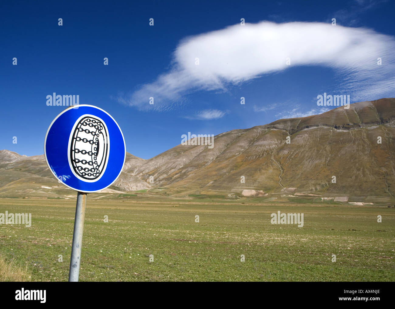 Snow chain warning sign Monti Sibellini National Park Umbria Italy ...