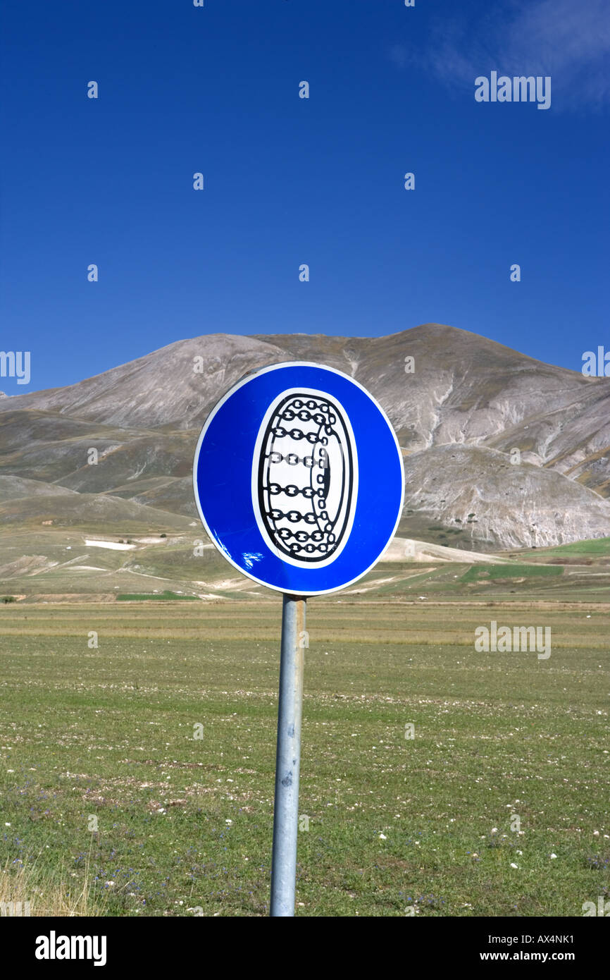 Snow chain warning sign Monti Sibellini National Park Umbria Italy ...