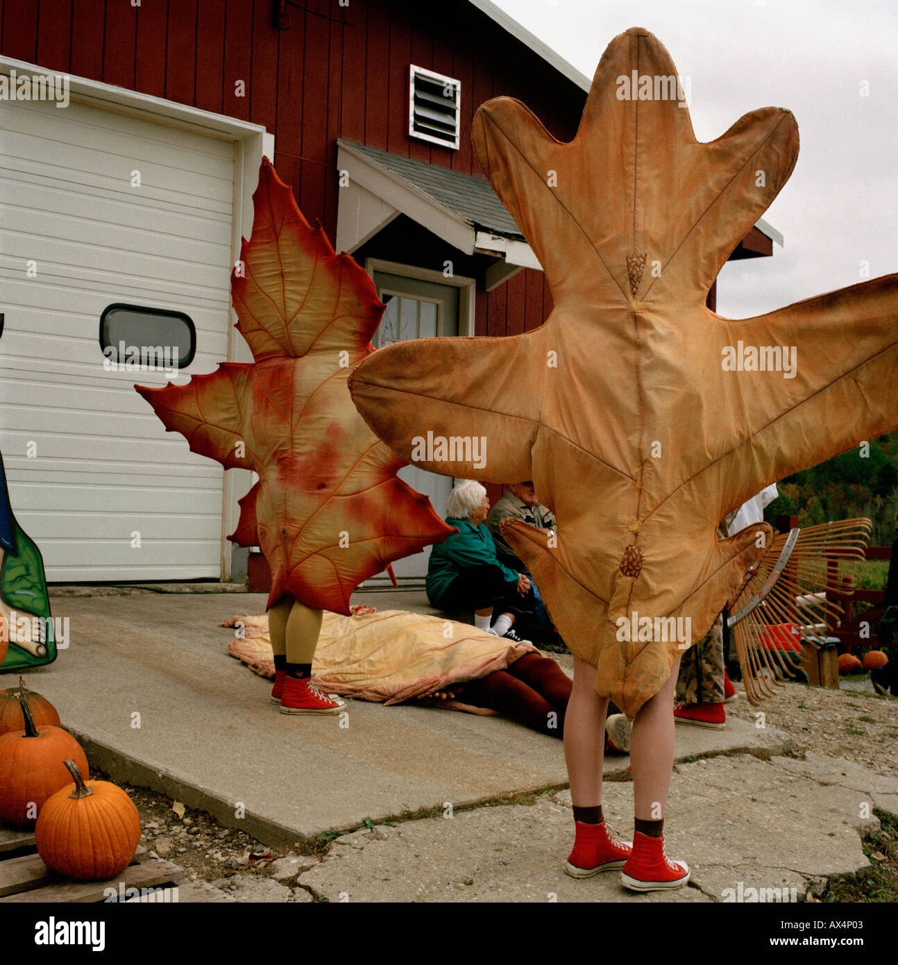 Two people wearing leaf costumes Stock Photo - Alamy