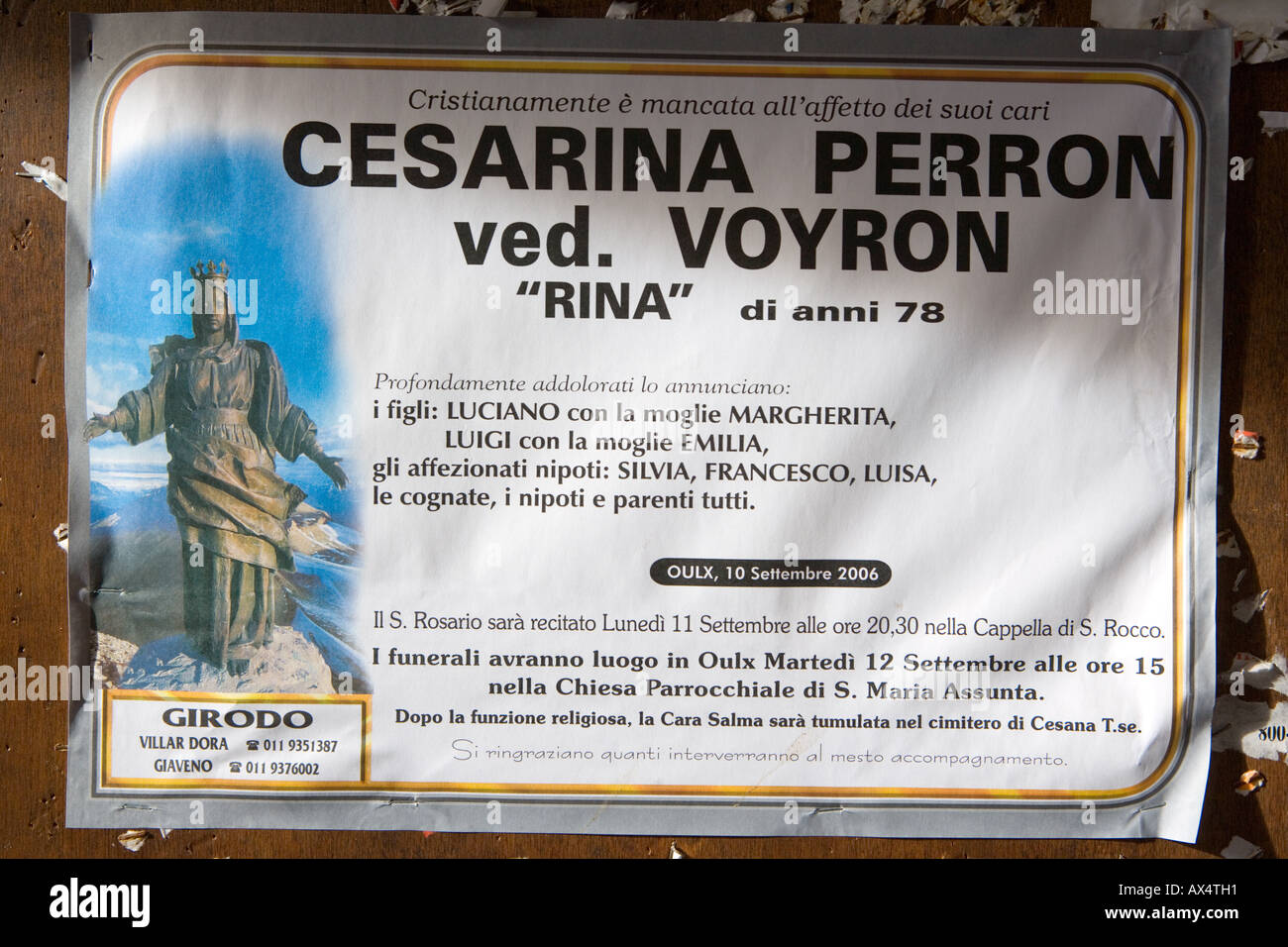 Italian death notice poster on a noticeboard Sauze d Oulx Piemont Italy ...