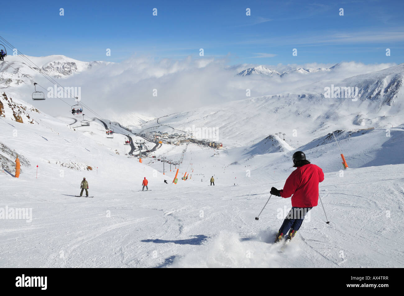 A broad view from the ski slope on to the popular Pas de la Casa skiing ...