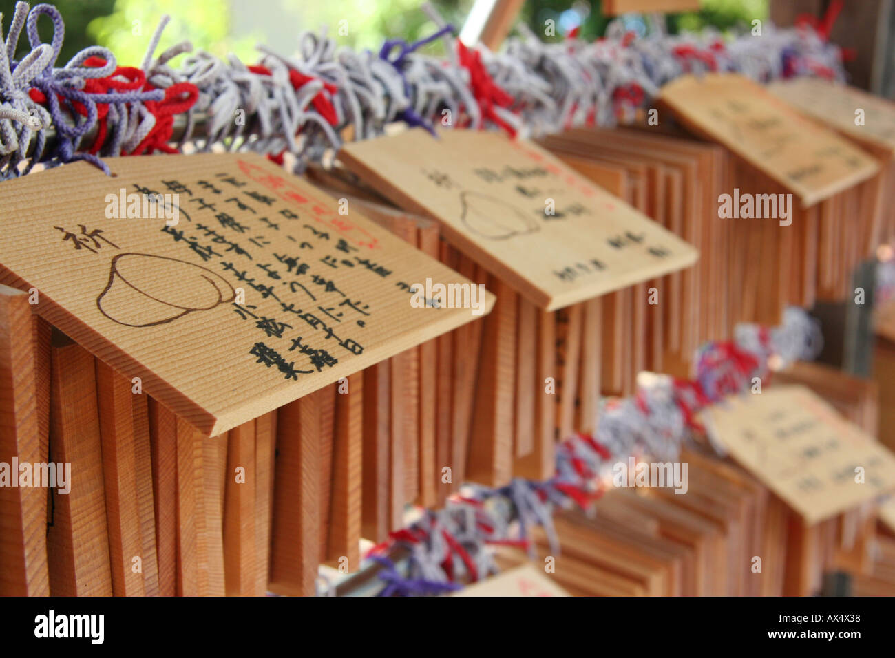 Wooden 'ema' prayer boards at a shinto shrine for male fertility in ...