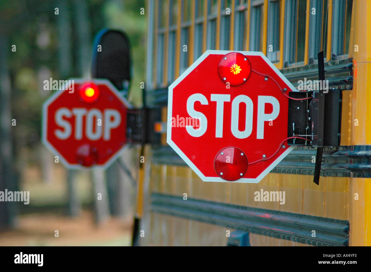 yellow School bus with flashing red stop signs for unloading and ...