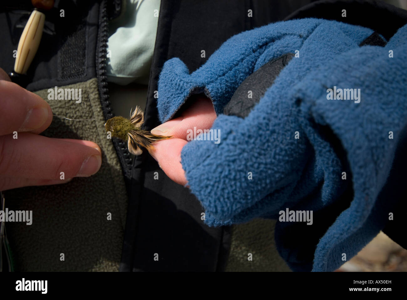 Tying a fly on a line for fly fishing Stock Photo - Alamy