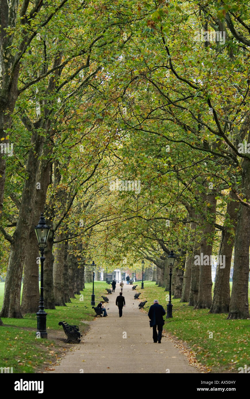 People Walking Along Tree Lined Path Through The Green Park London ...