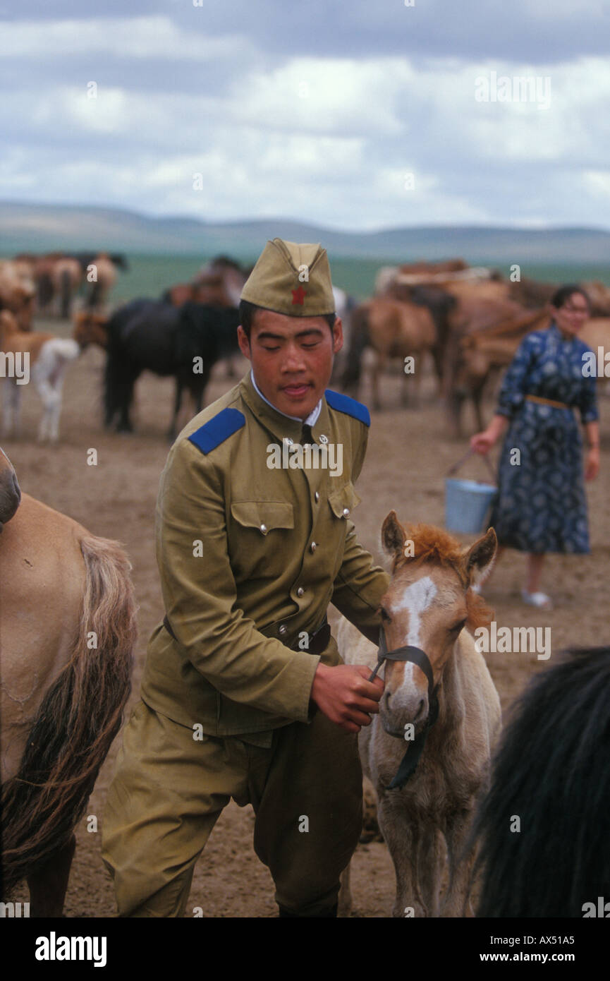 A Mongolian soldiers on leave tends to horses outside Ulan Bator ...