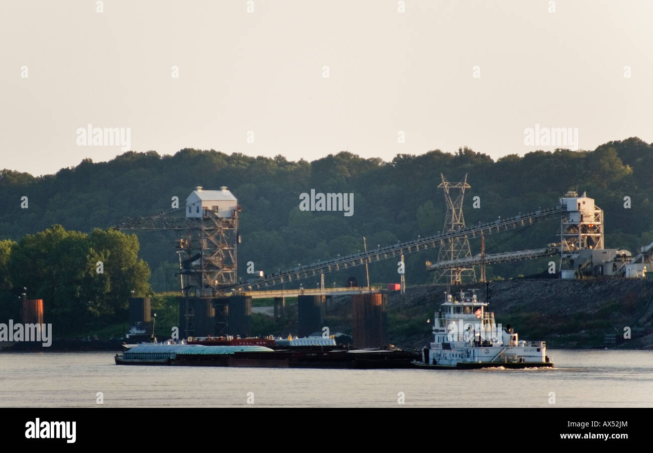 Tow Boat Pushing Barge Down the Ohio River with Power Plant In ...