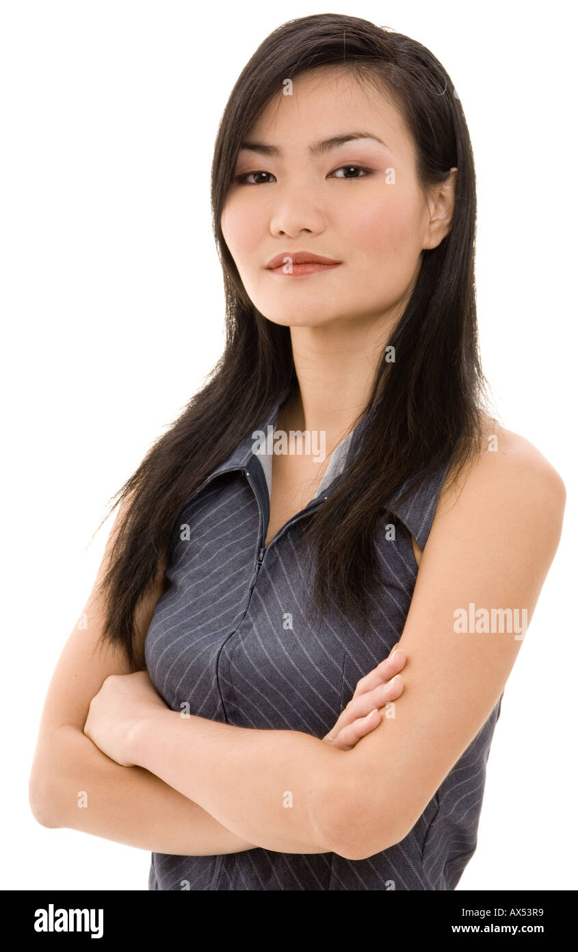 A beautiful asian woman looks powerful in her grey pinstripe suit Stock ...