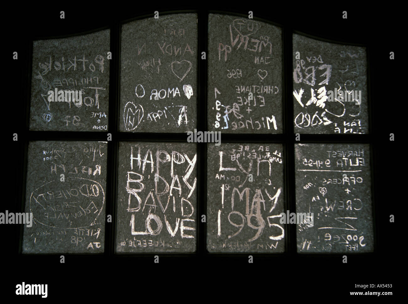 Graffiti on window glass Kolmanskop Diamond mine ghost town Namibia ...