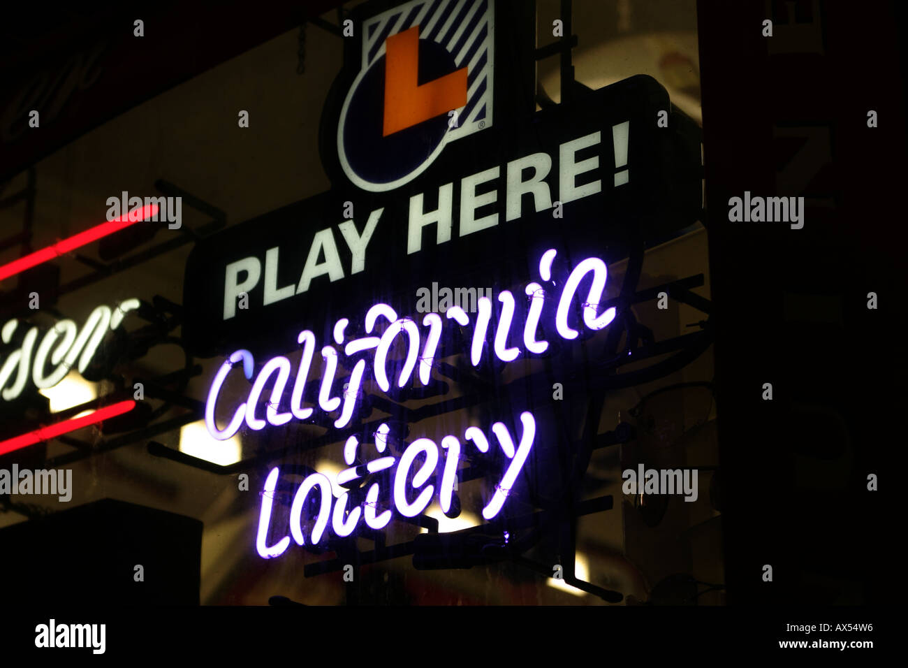 neon sign play here california lottery Stock Photo - Alamy