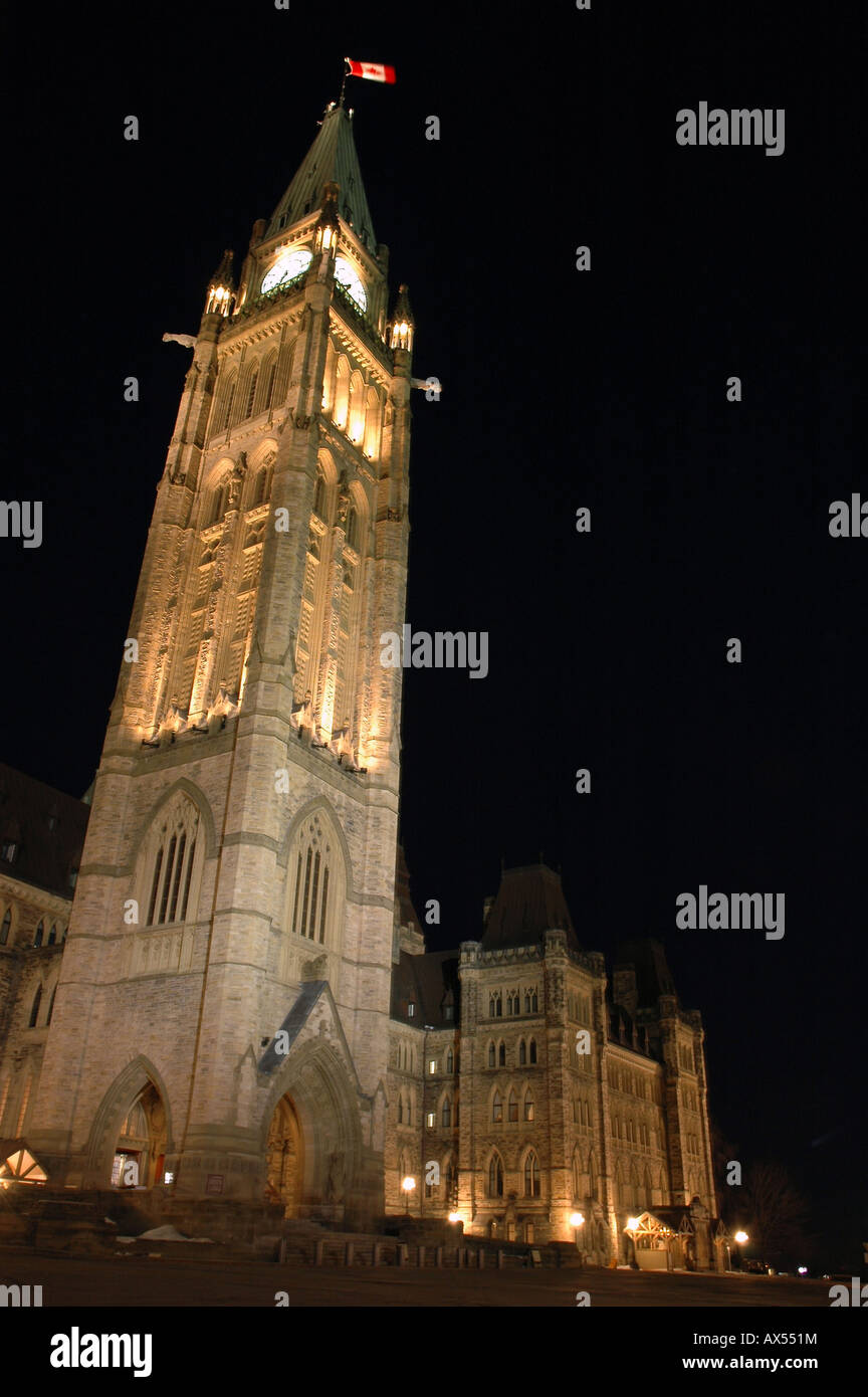 Ottawa Canadas Parliament Hill peace tower lit up below a night sky ...