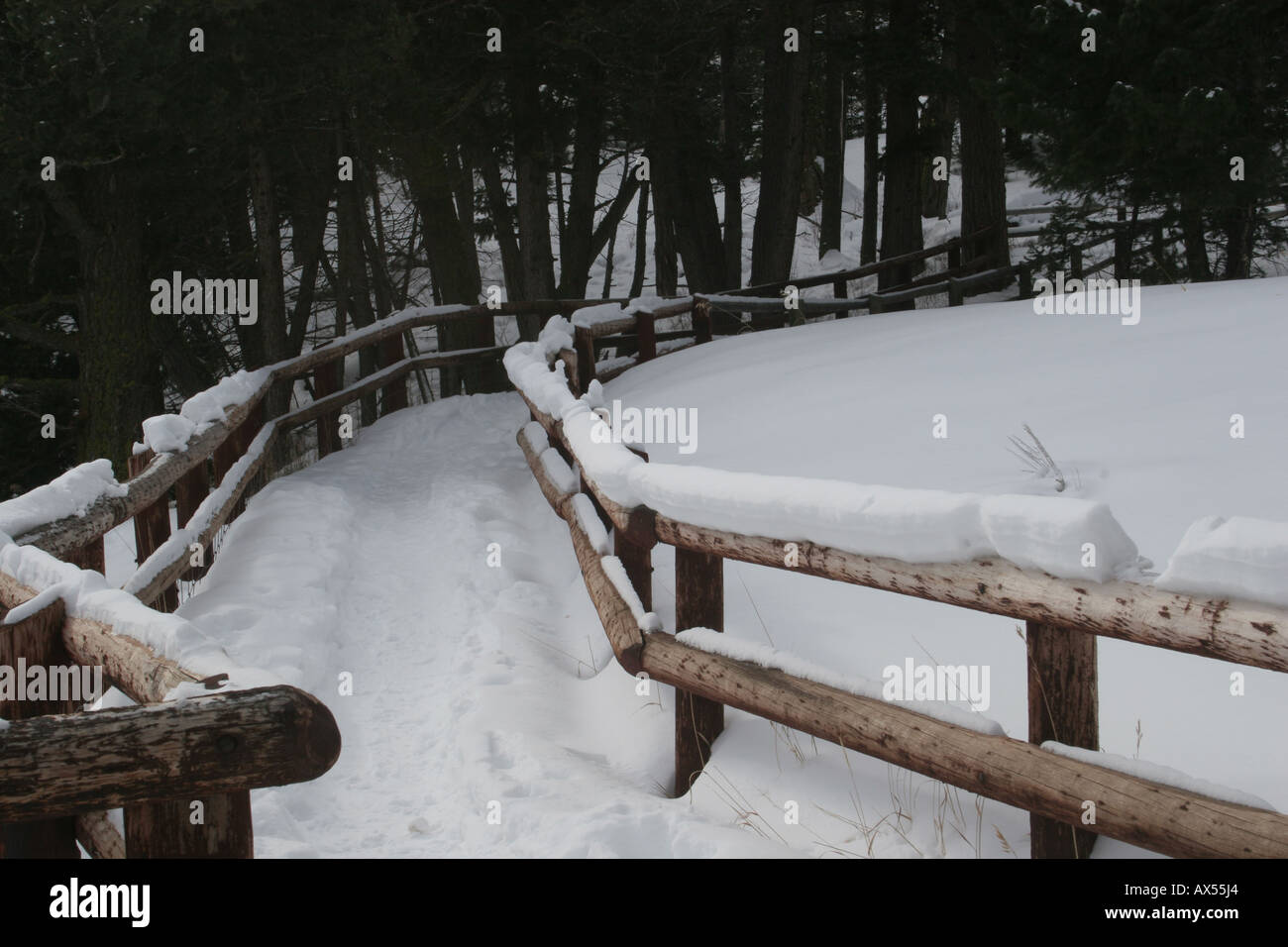 Snow covered trail, with fence on both sides Stock Photo - Alamy