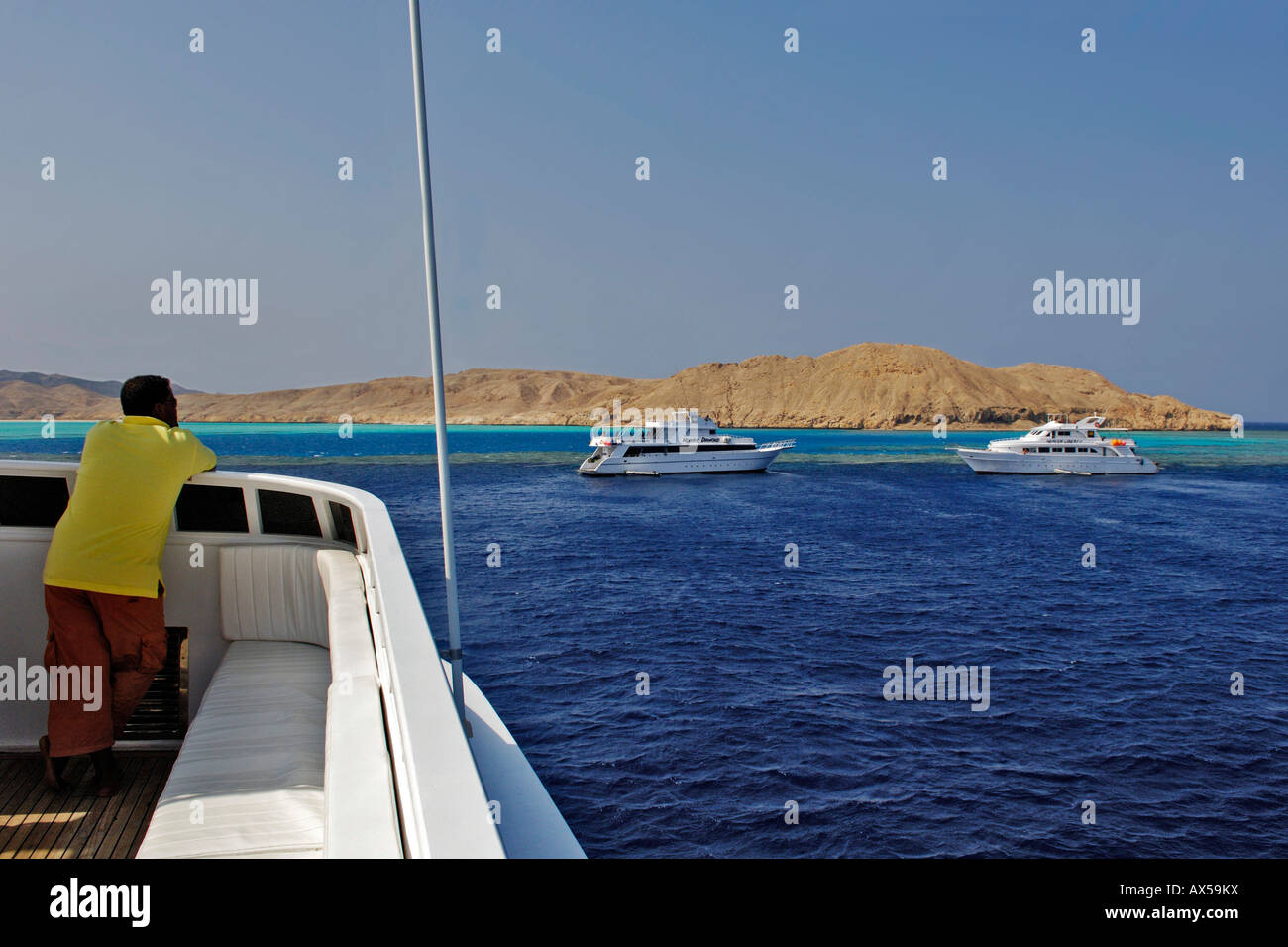 Island of Zabargad with tourist diving boats, Red Sea, Egypt Stock ...