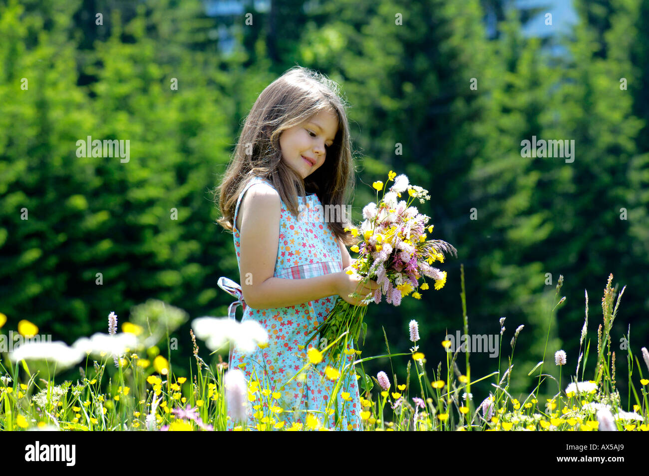 Girl with bunch of flowers in summer meadow Stock Photo - Alamy