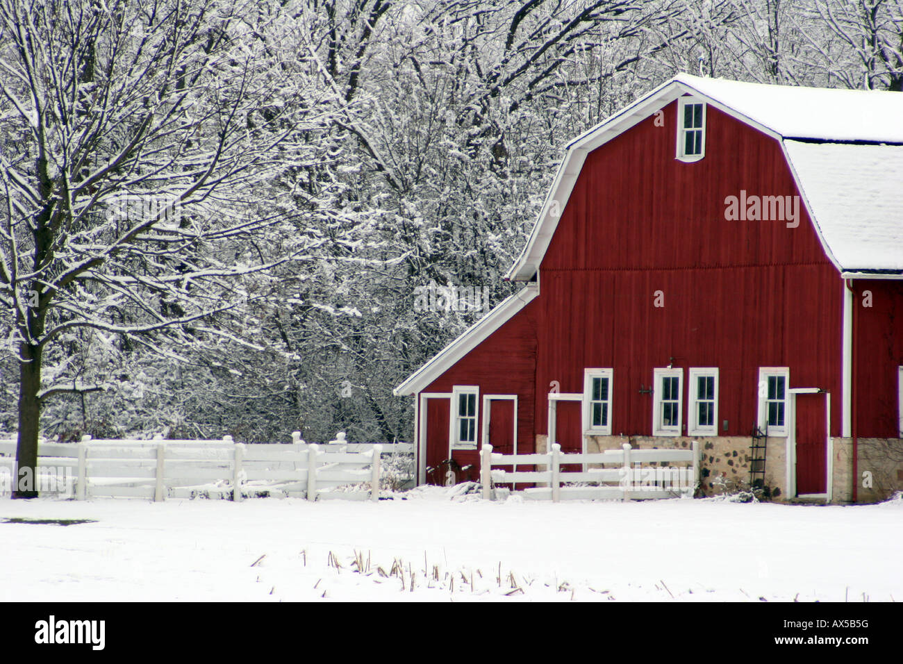 Red barn in Wisconsin during winter Stock Photo - Alamy