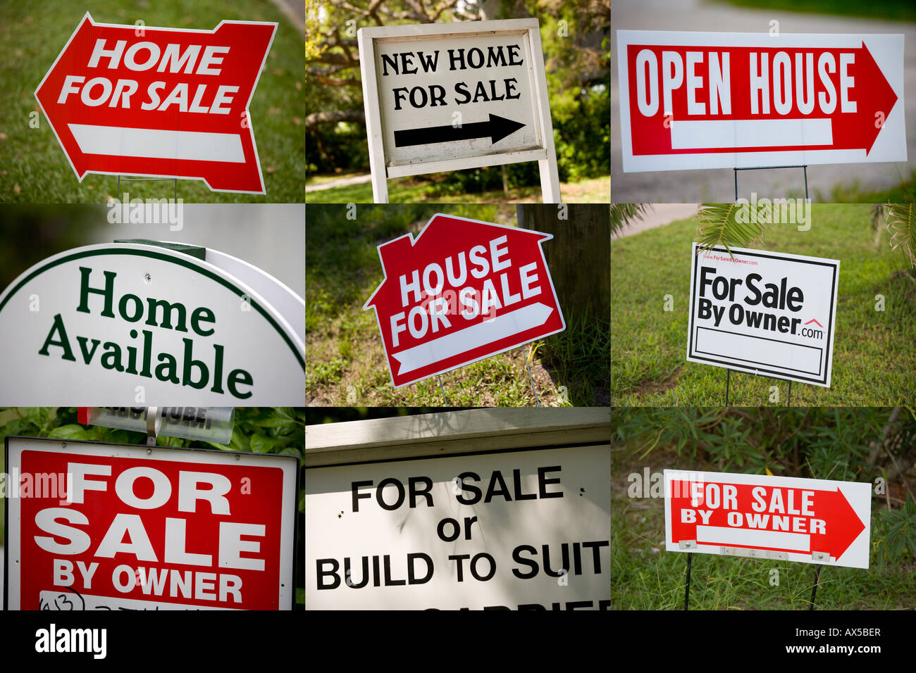 home or house for sale US USA - 9 different images of signs Stock Photo ...
