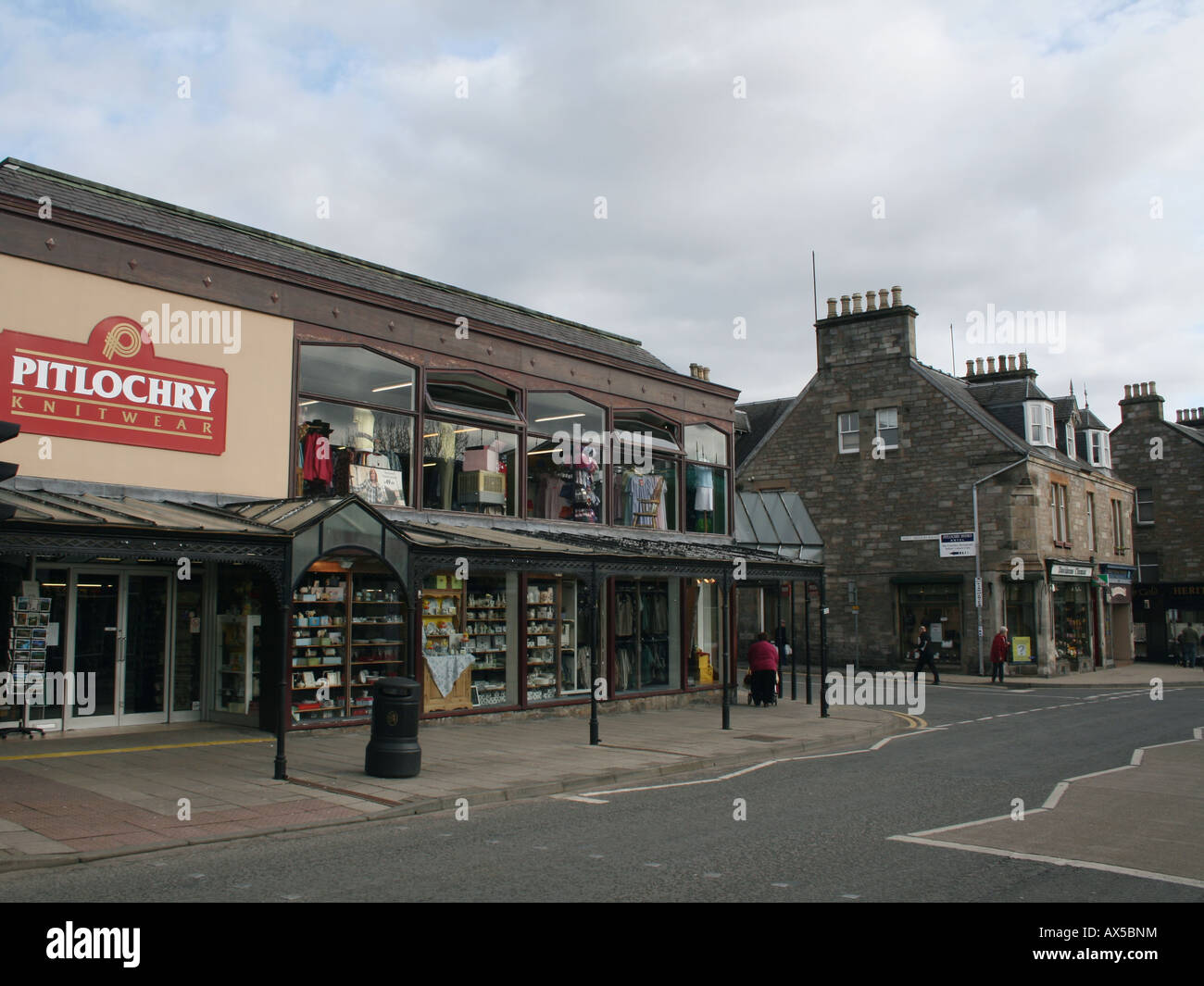 Pitlochry street scene with numerous shops Scottish Highlands March ...