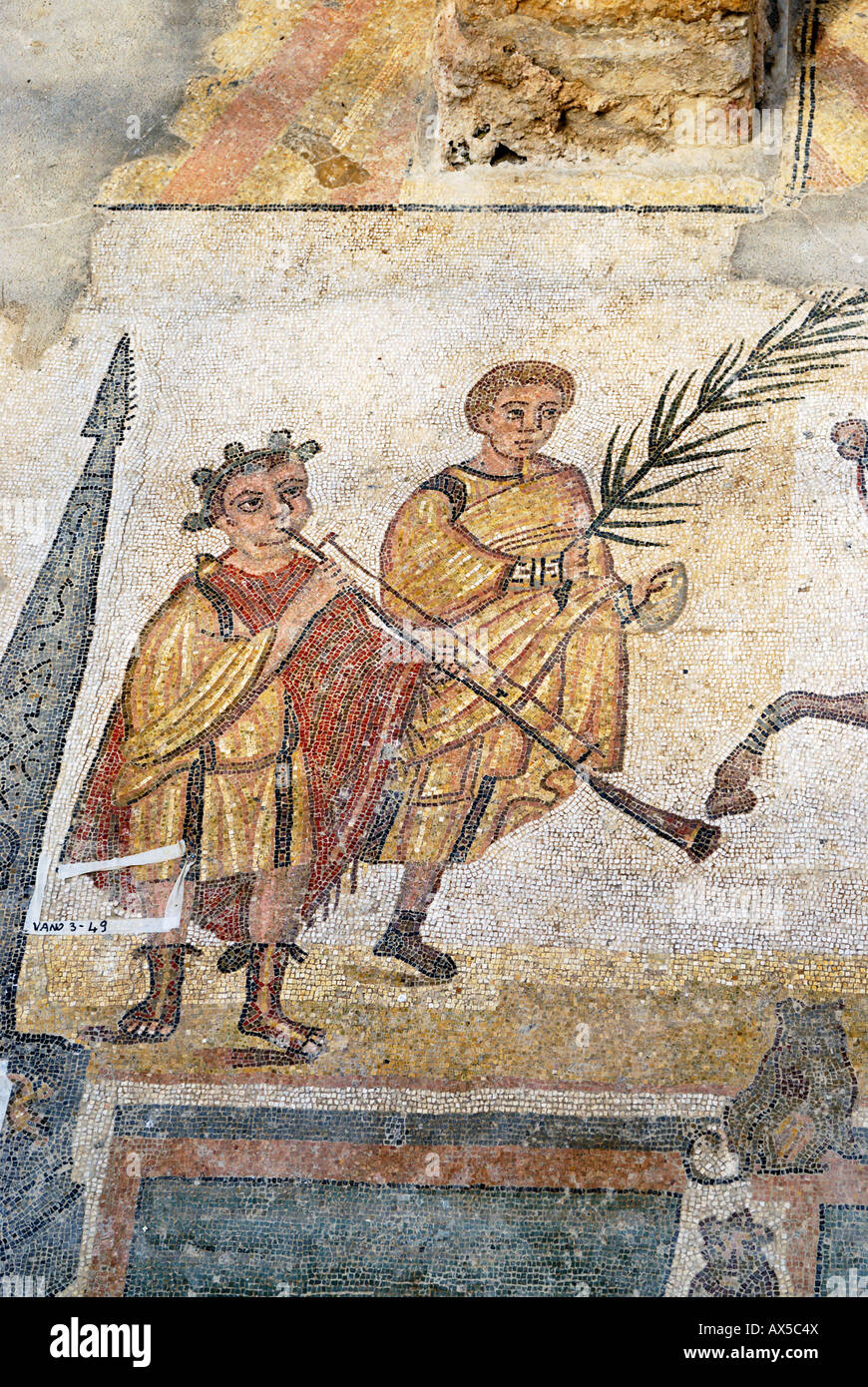 Chariot race musicans and man with palm mosaic floor Villa Casale ...