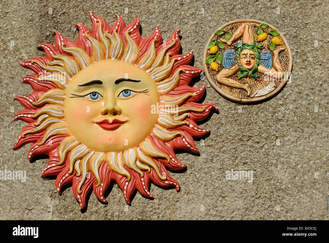 Sun ceramic andTrinakria Erice Sicily Italy Stock Photo - Alamy