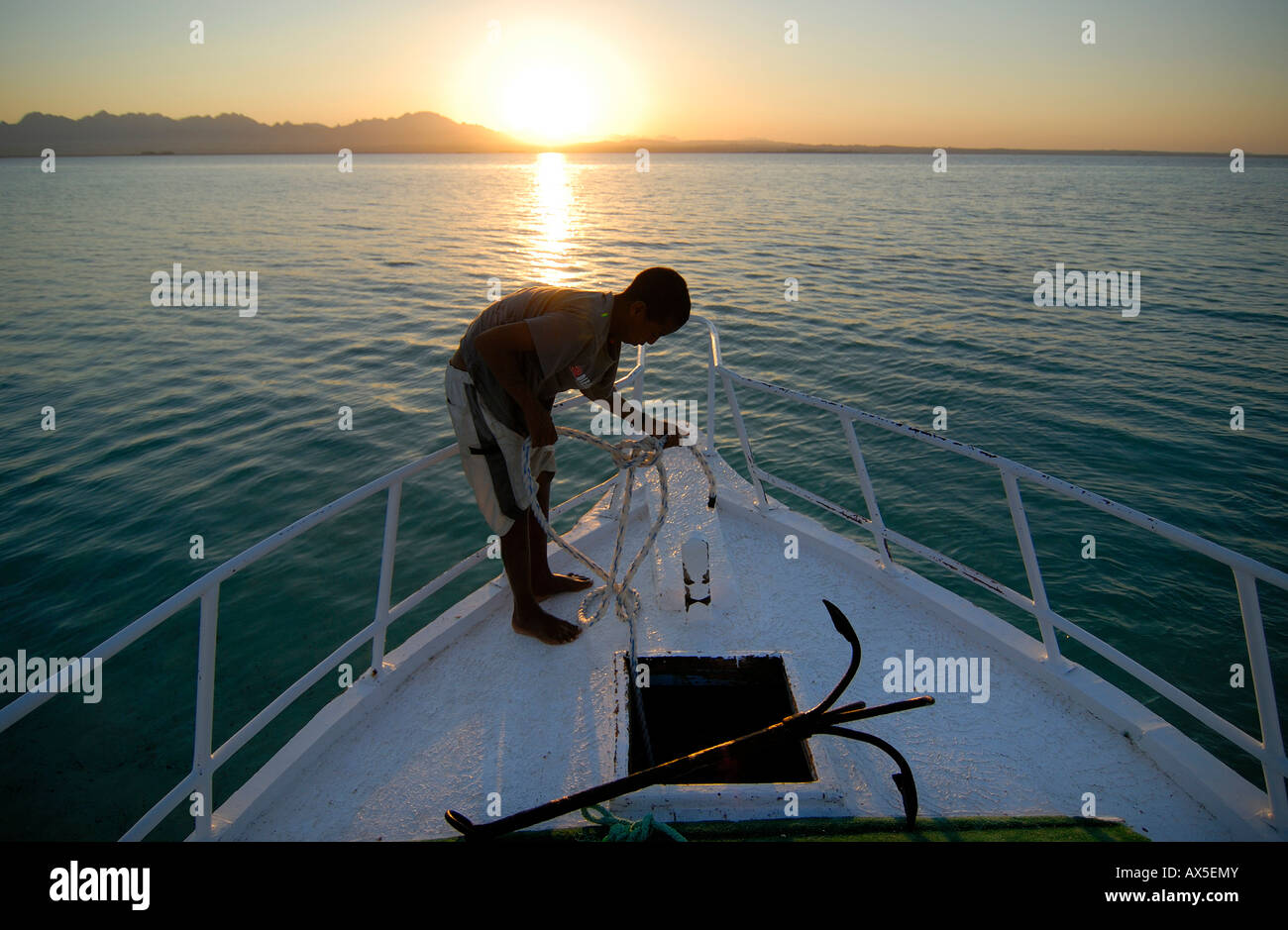 Sunset, man in fishing boat, excursion boat, Safaga, Egypt, North ...