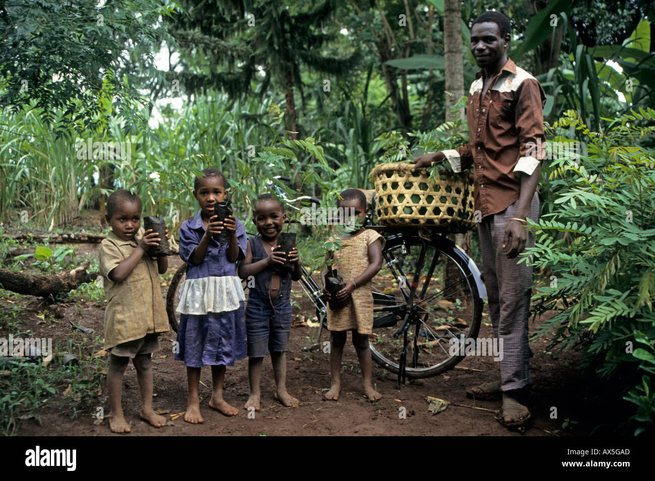 Farmer with his children buying seedlings from a tree nursery, Himo ...