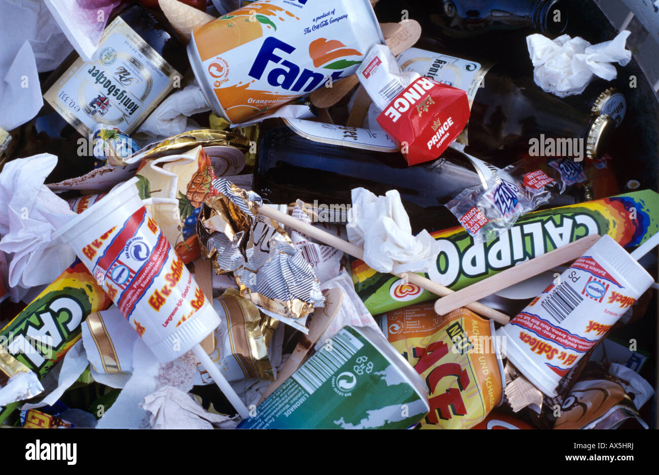 Packaging waste, plastic, aluminium cans and glass bottles Stock Photo ...