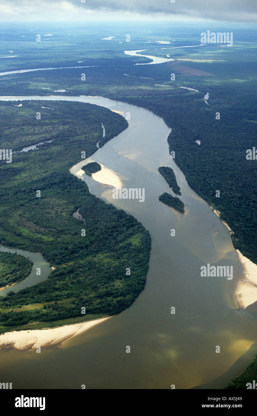Araguaia River, Amazon, Brazil. Aerial view; river, tributary with ...