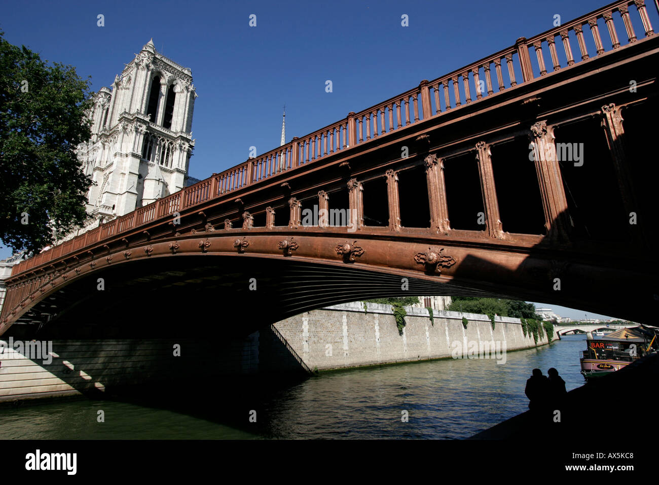 Bridge Pont au Double over Seine River with Notre Dame cathedral in the ...