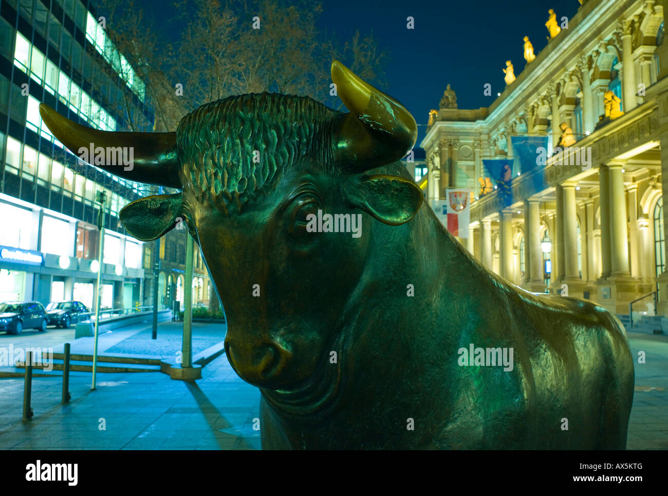 German stock exchange building in Frankfurt with bull statue in the ...