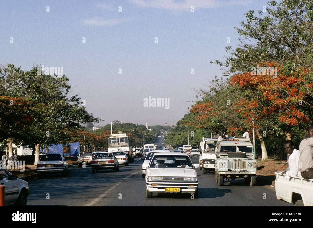 Lusaka, Zambia. Looking down the road towards the city centre with ...