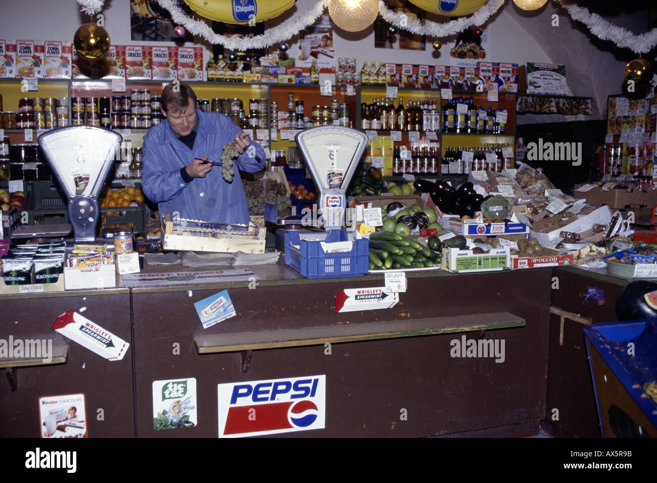 Prague, Czech Republic. Small grocers shop selling different goods ...