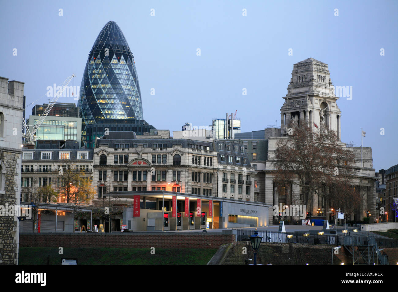 Swiss Re tower and City of London viewed from the Tower of London ...