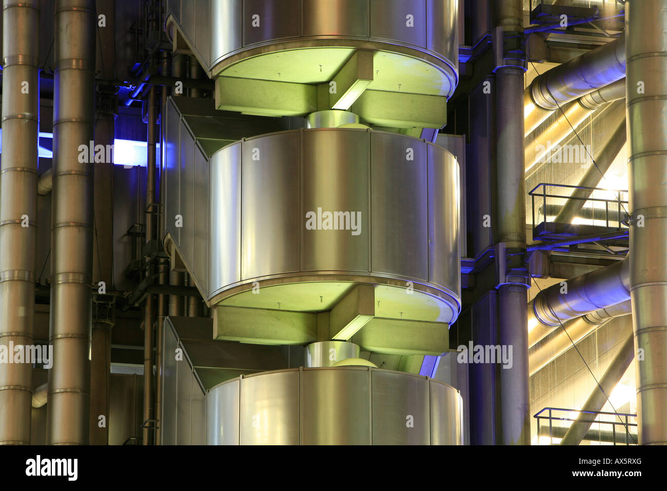Lloyd's of London building, colourfully illuminated metal architecture ...