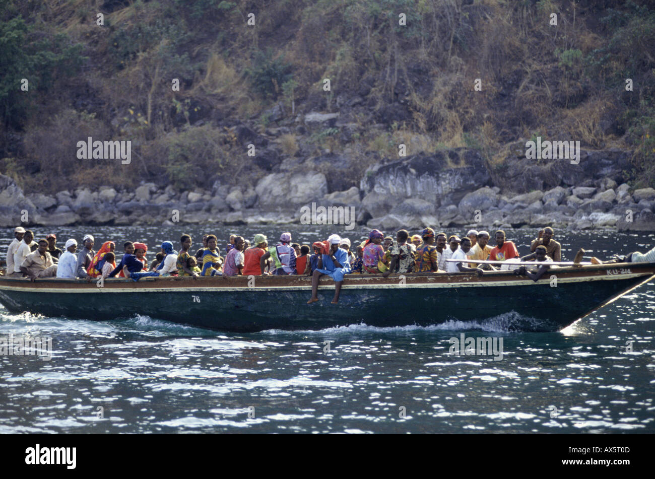 Gombe, Tanzania. Pedestrian ferry boat overloaded with people on Lake ...