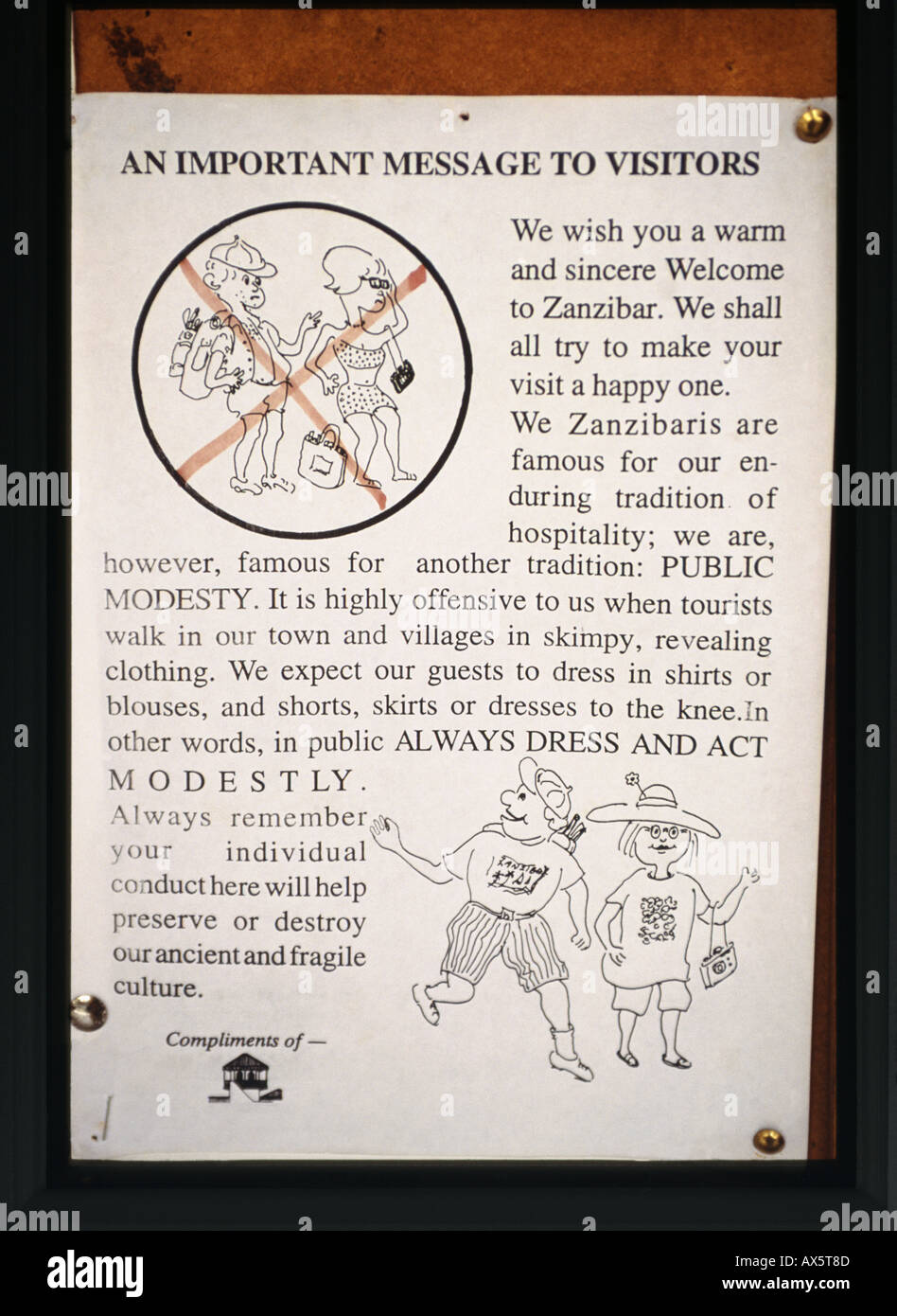 Zanzibar, Tanzania. Tourist sign advising on and explaining acceptable ...