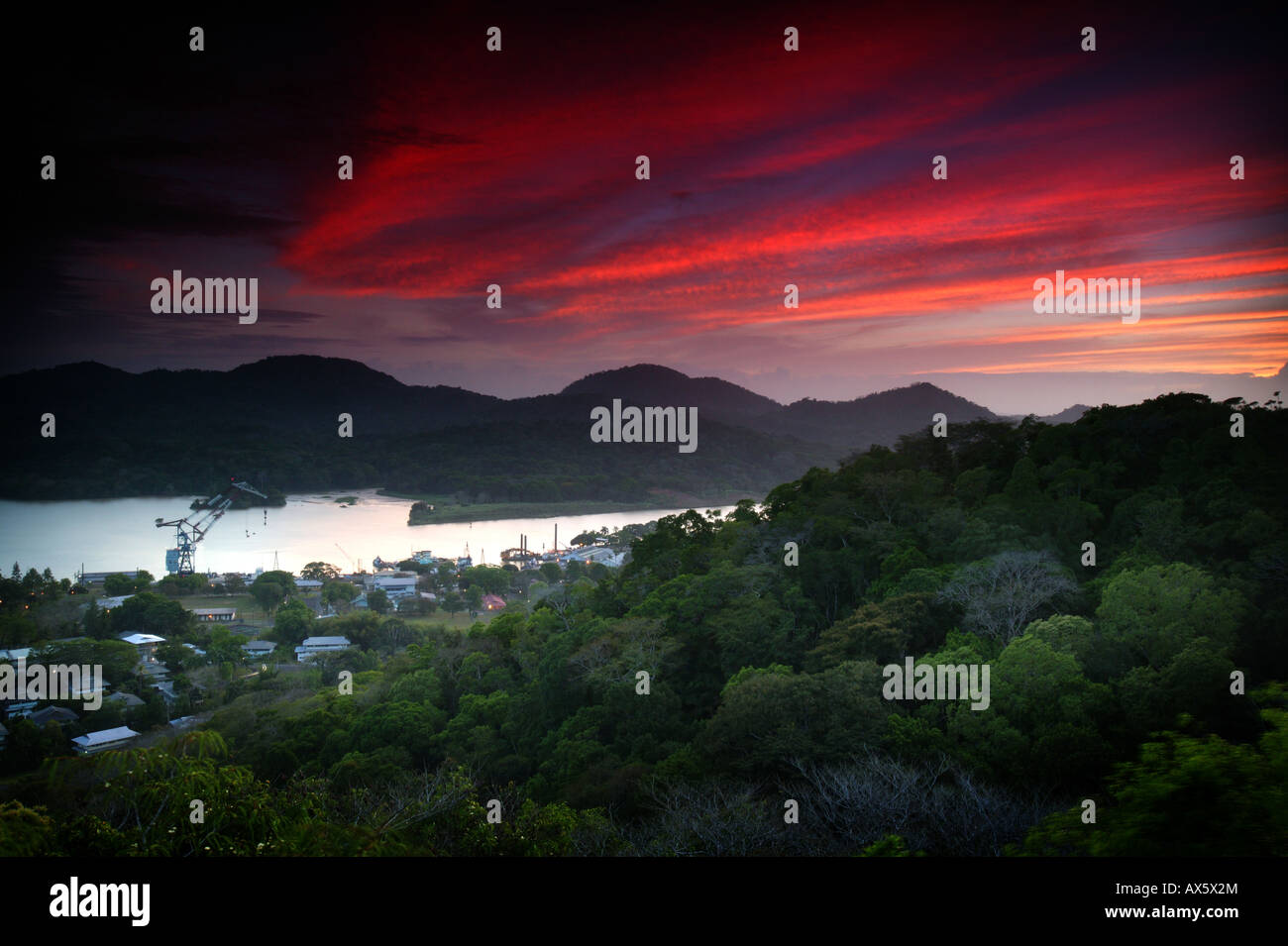 Beautiful sunset at the town of Gamboa, and the Panama canal, Colon ...